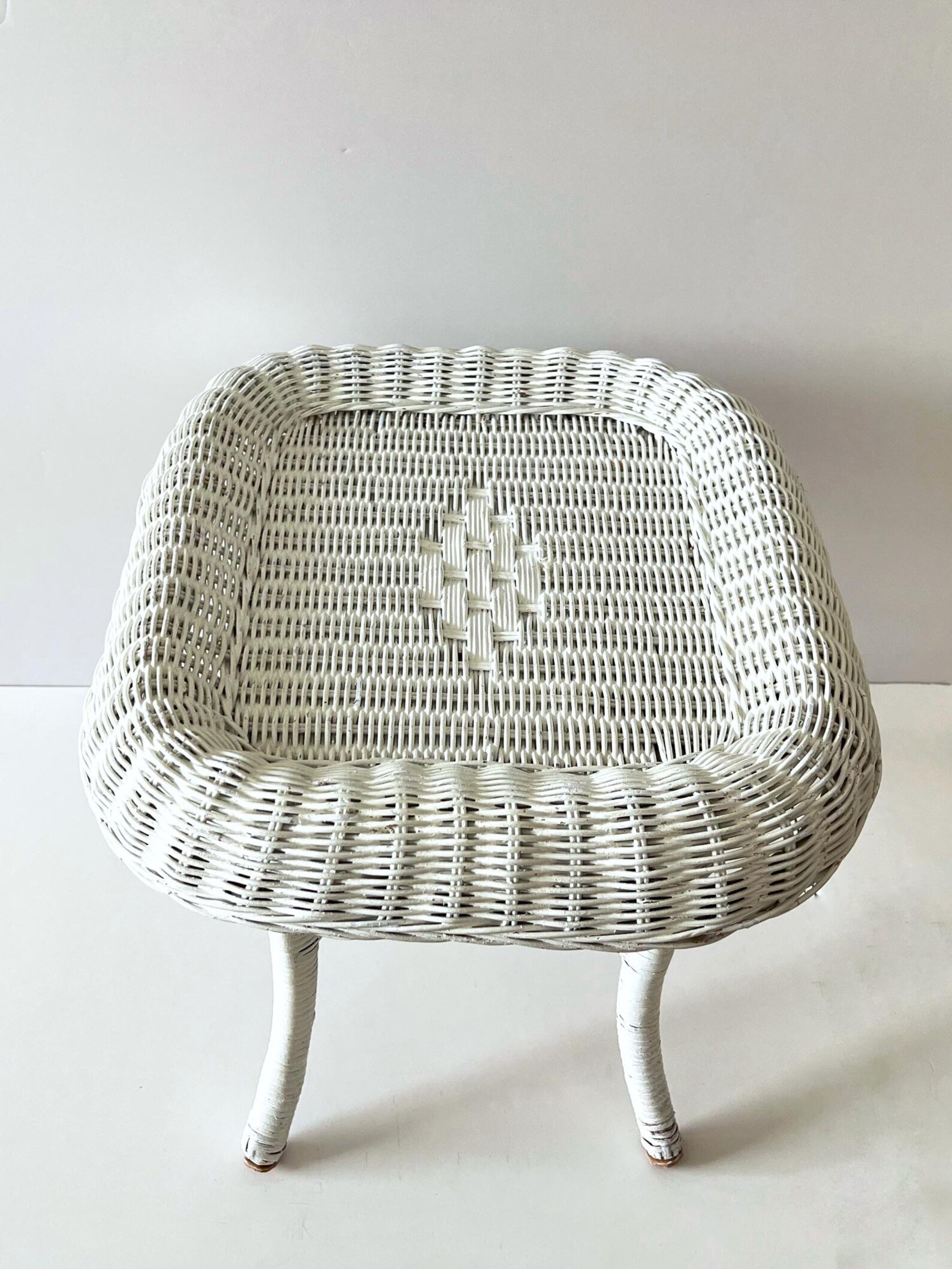 Vintage White Wicker Stool Side Table – Woven Plant Stand, Small Boho ...