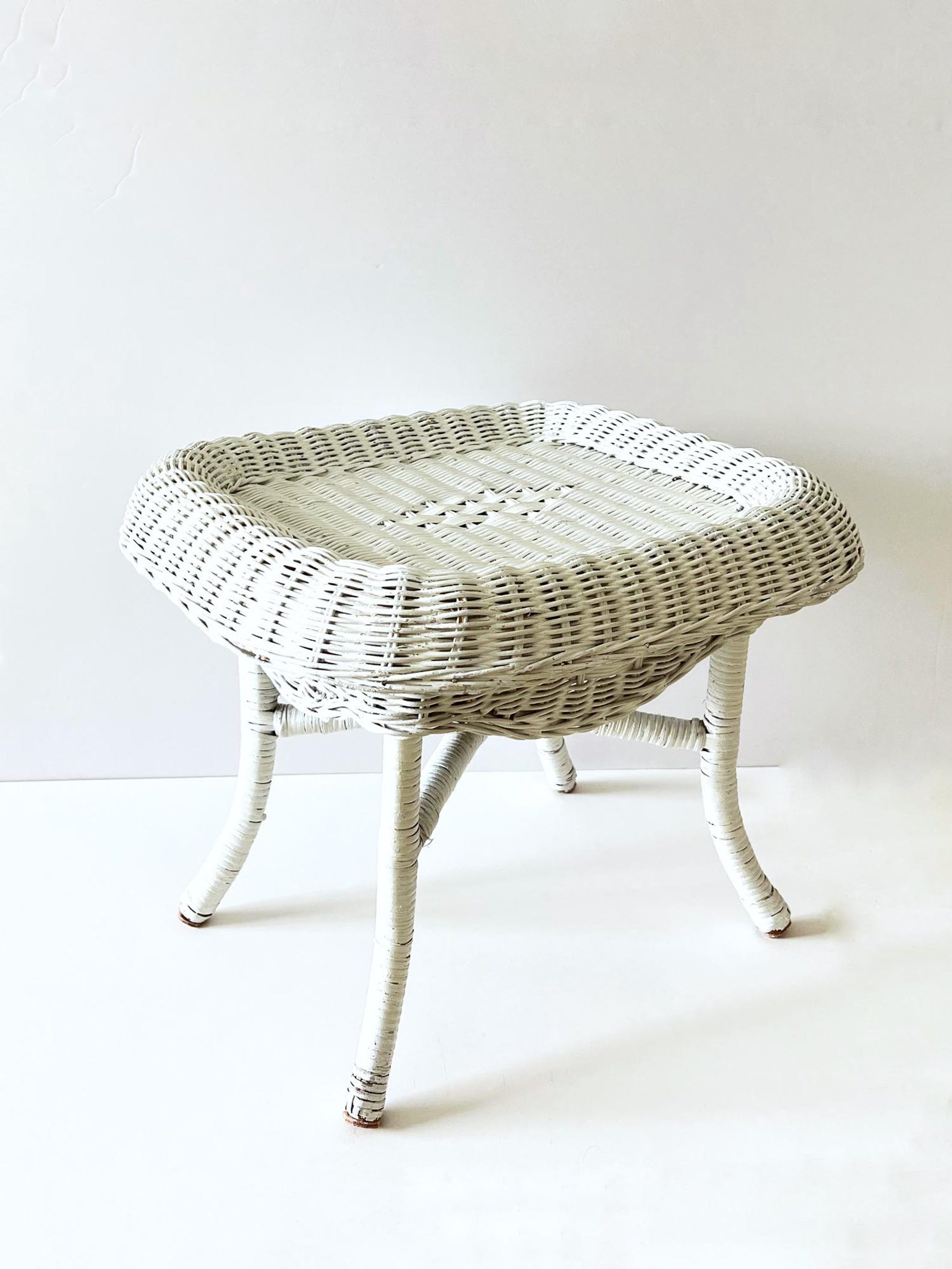 Vintage White Wicker Stool Side Table – Woven Plant Stand, Small Boho ...