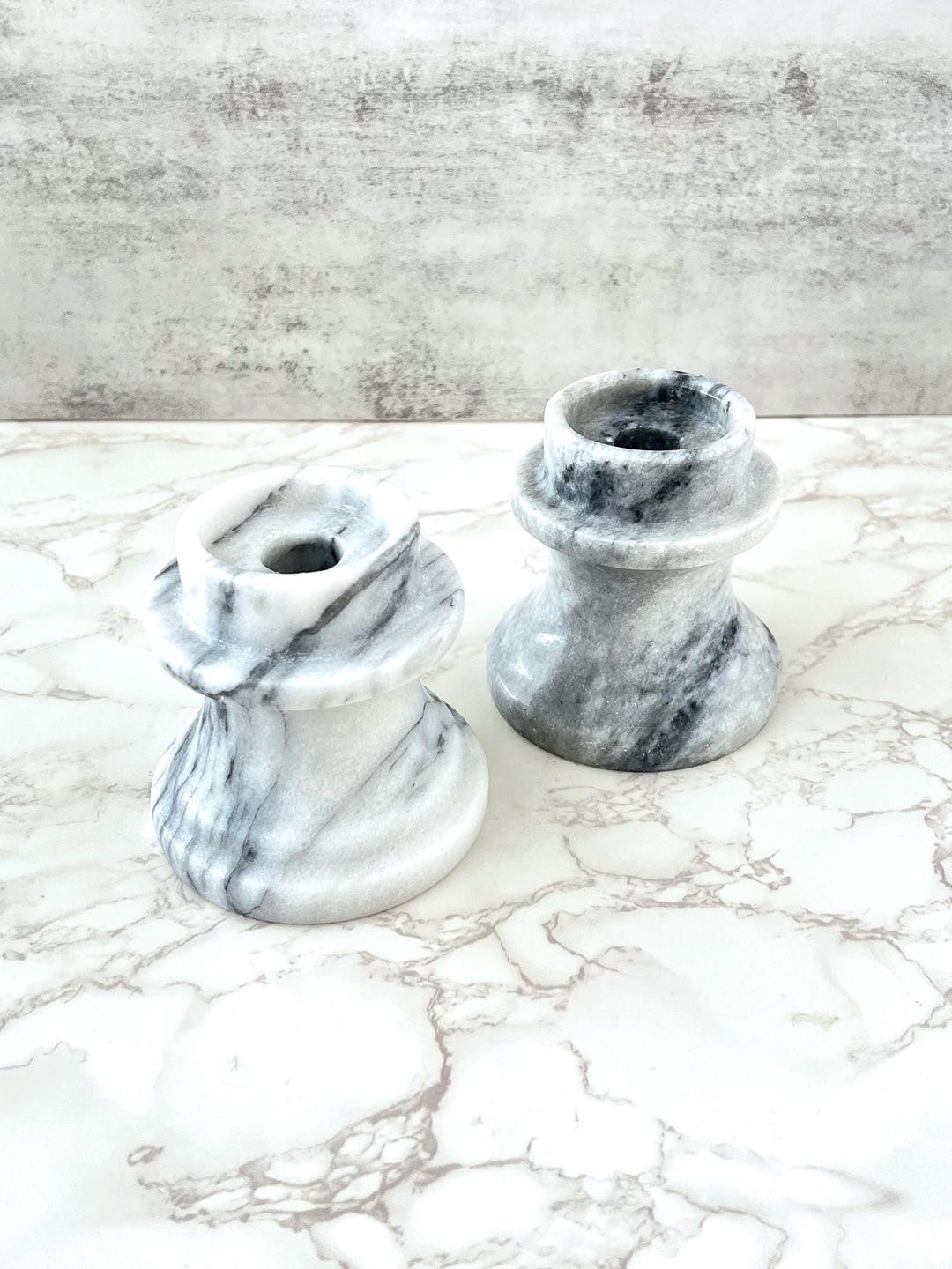 Vintage Marble Candle Holders – Set of 2 Hand-carved White & Gray Taper ...