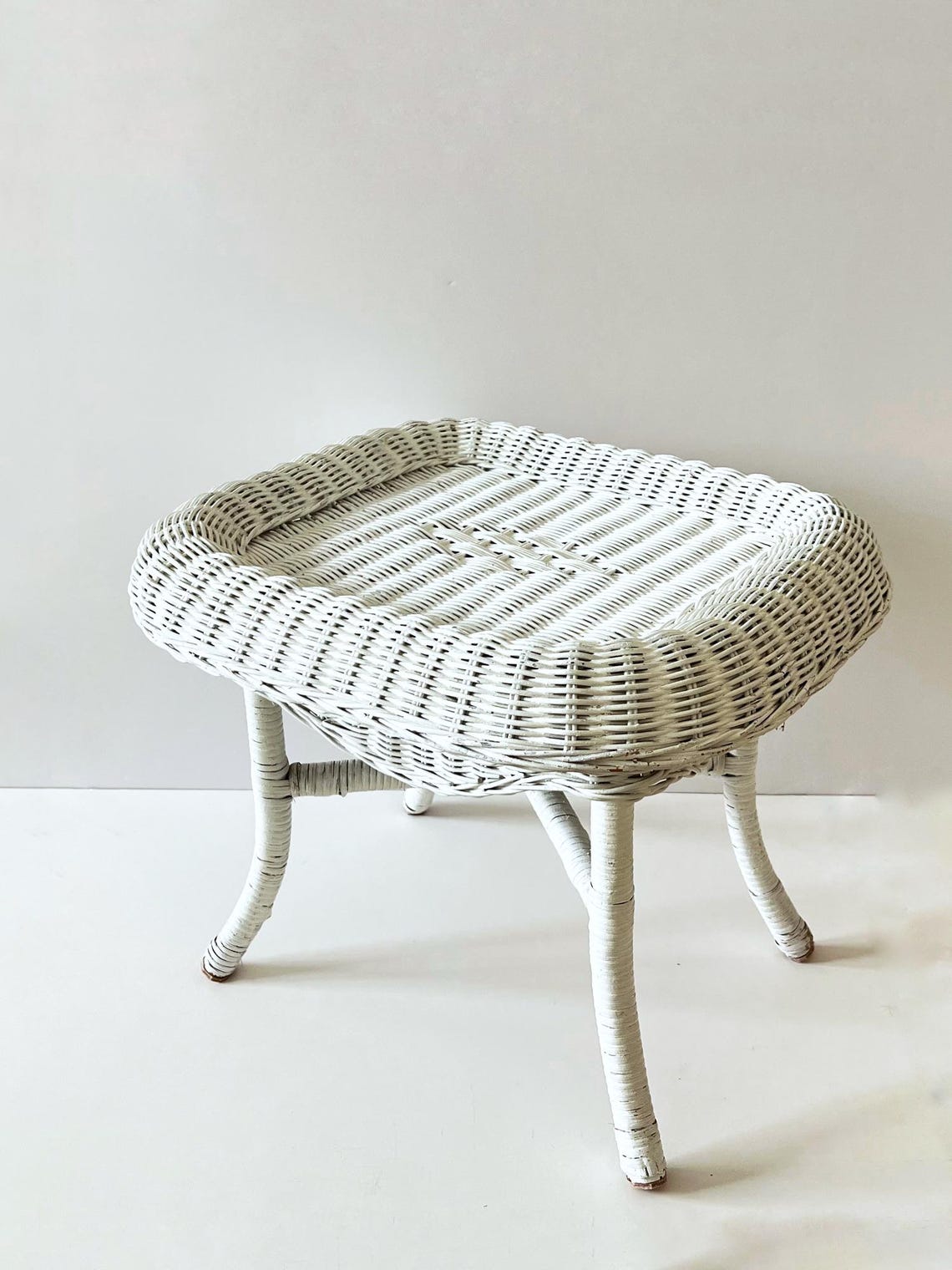 Vintage White Wicker Stool Side Table – Woven Plant Stand, Small Boho ...