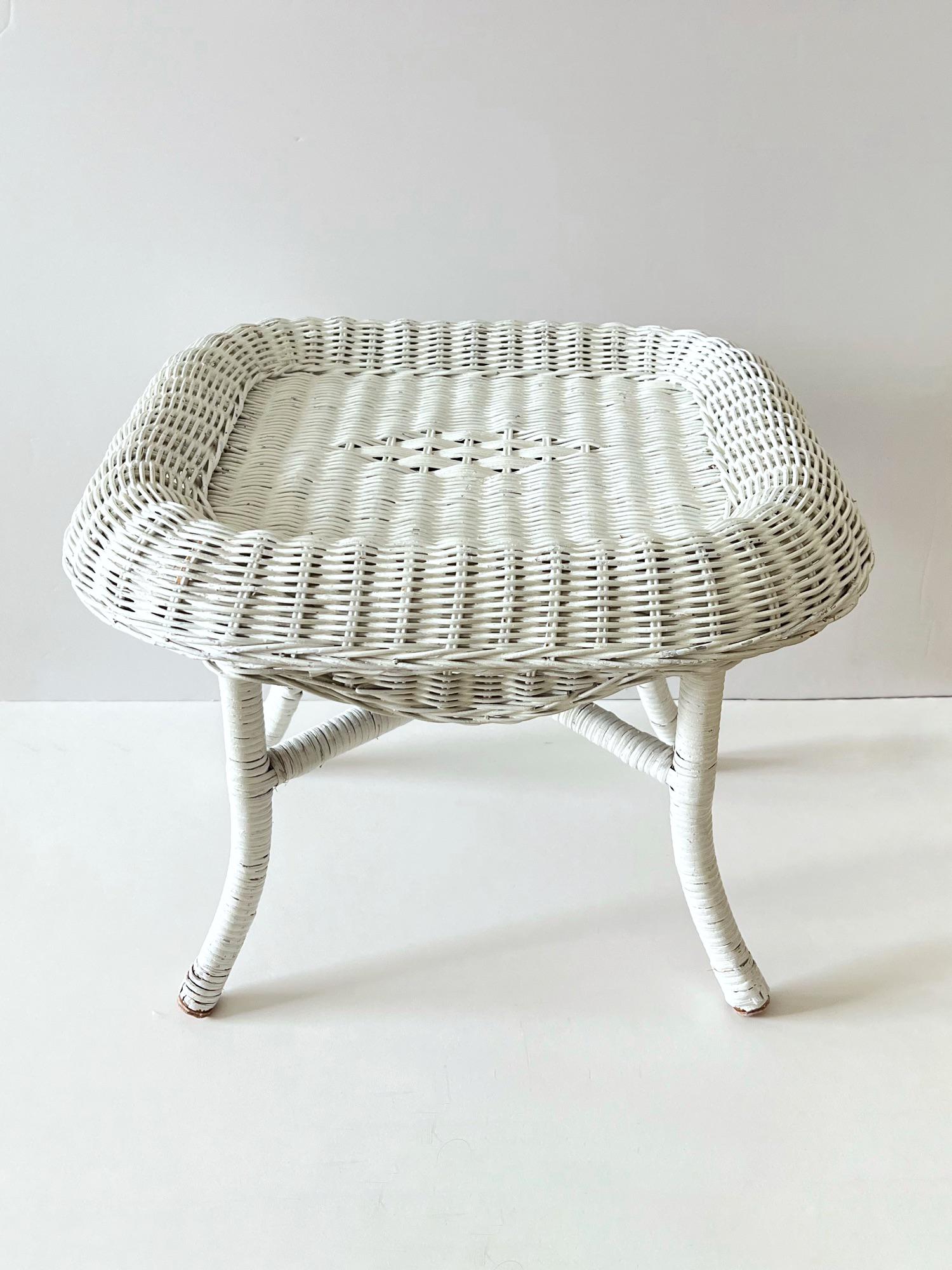Vintage White Wicker Stool Side Table – Woven Plant Stand, Small Boho ...