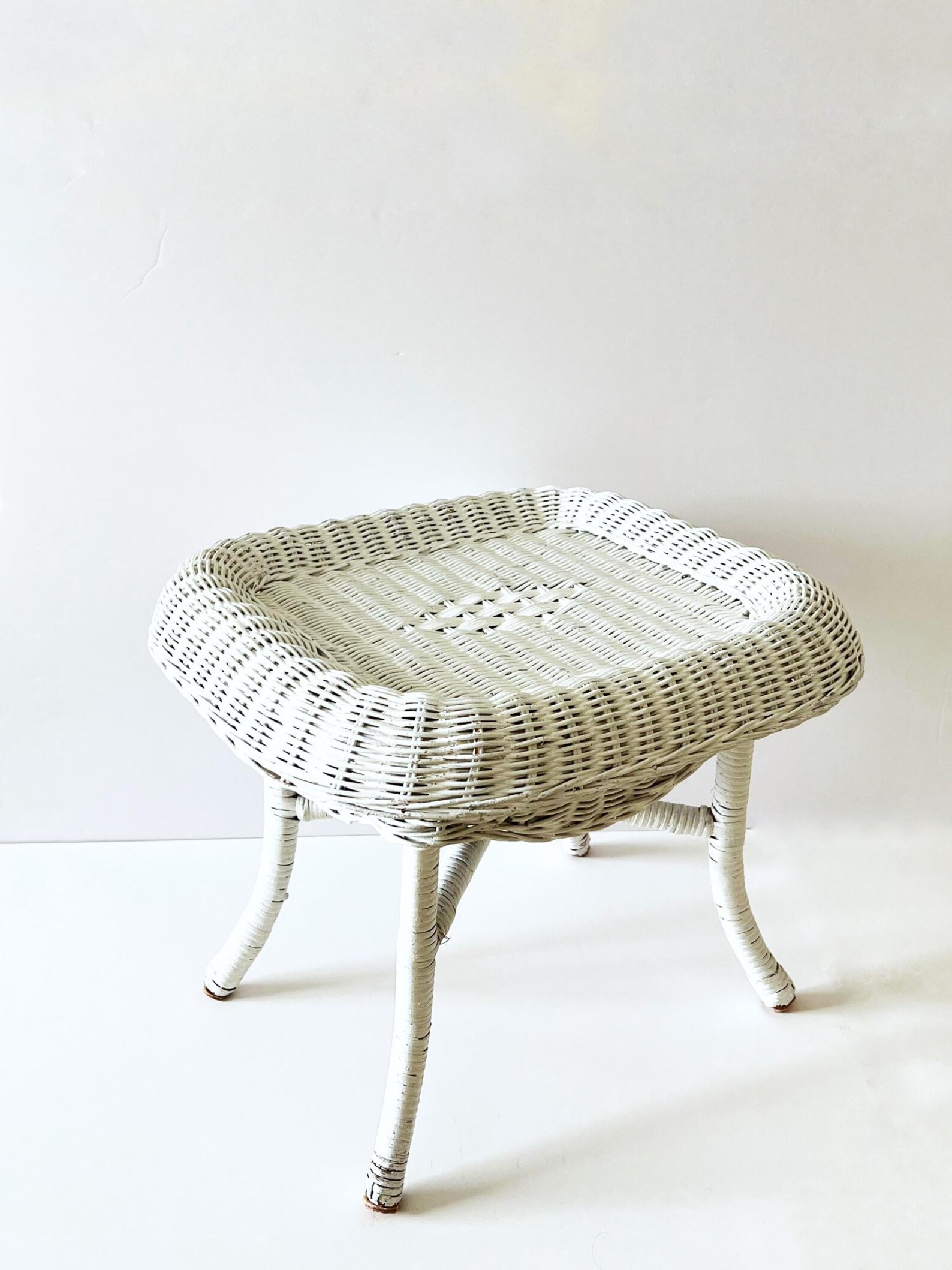 Vintage White Wicker Stool Side Table – Woven Plant Stand, Small Boho ...