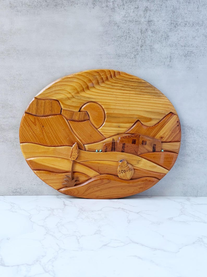 Southwestern Intarsia Wood Wall Art - Handcrafted Adobe Landscape ...