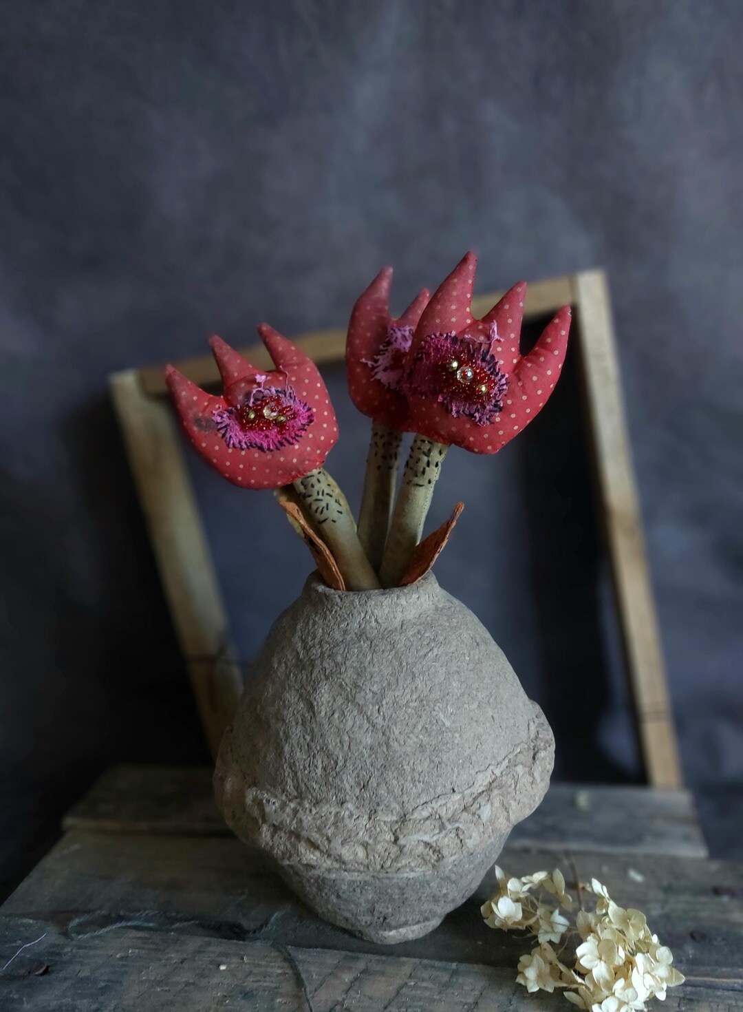 Rustic Style Paper Clay Vase With Primitive Fabric Flowers. Recycled ...