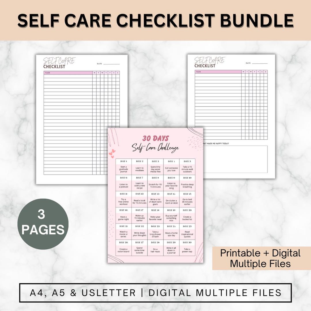 Self Care Checklist Bundle Printable, Daily, Monthly, Editable Self ...