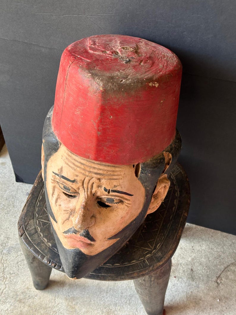 Vintage Igala Helmet Mask – Male With Red Fez Cap Nigeria 14" Colonial ...