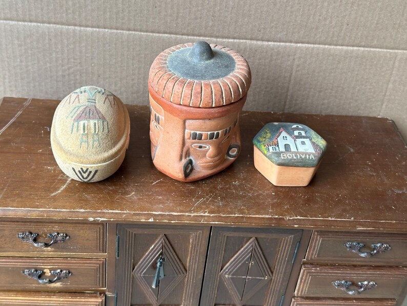 Vintage Folk Art Pottery Box Collection Set of 3 – Bolivia, Inca Face ...