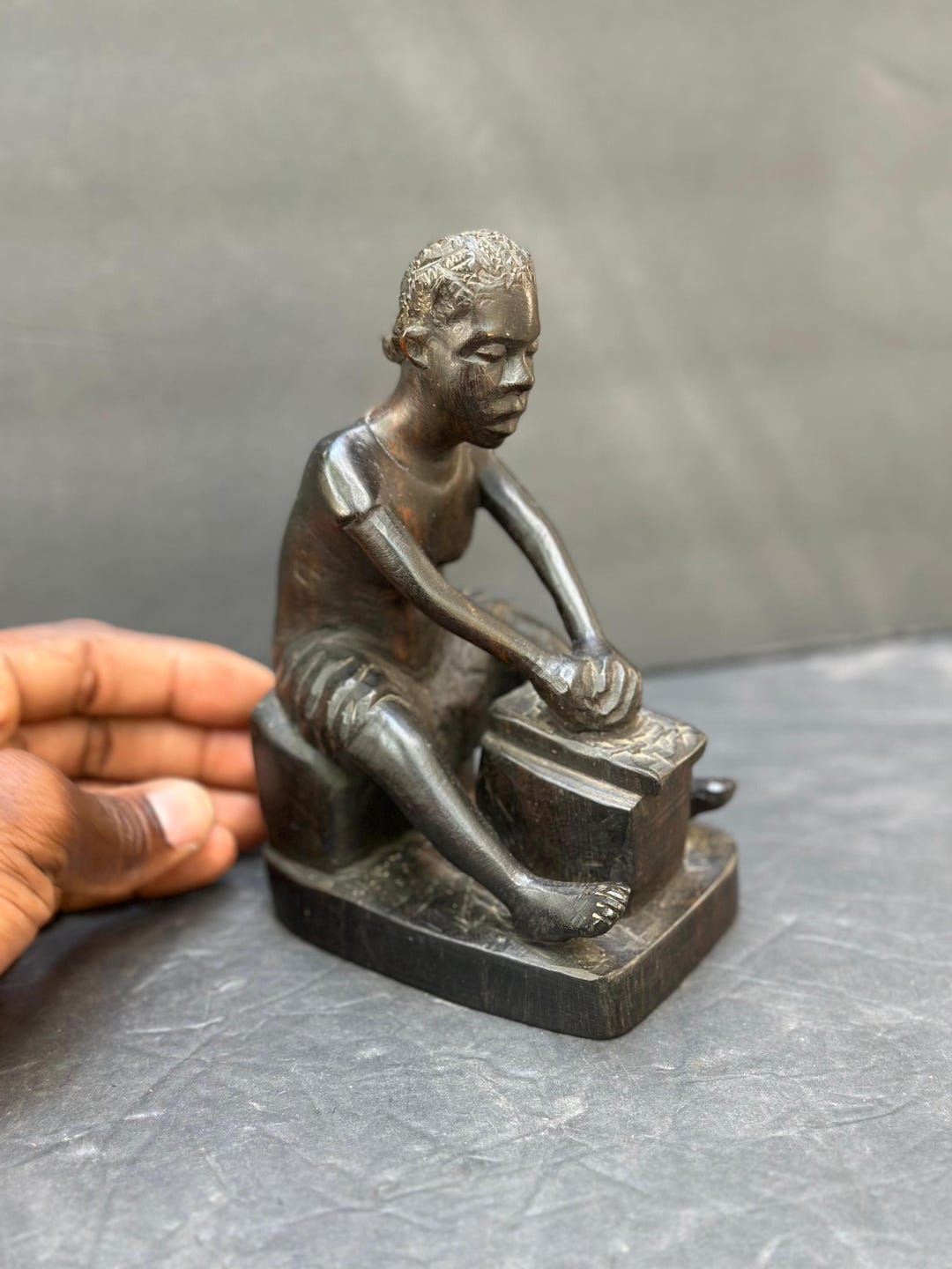Vintage Ebony Sculpture From Tanzania - African Woman Grinding Grain ...