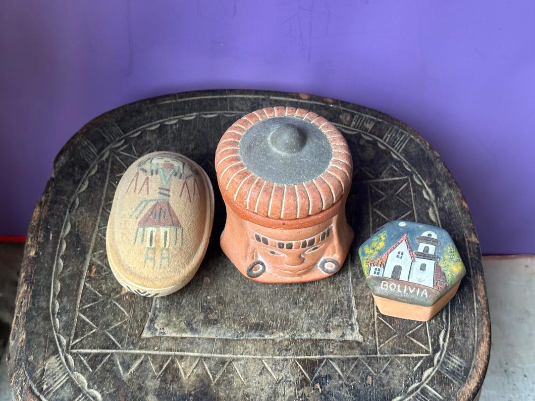 Vintage Folk Art Pottery Box Collection Set of 3 – Bolivia, Inca Face ...