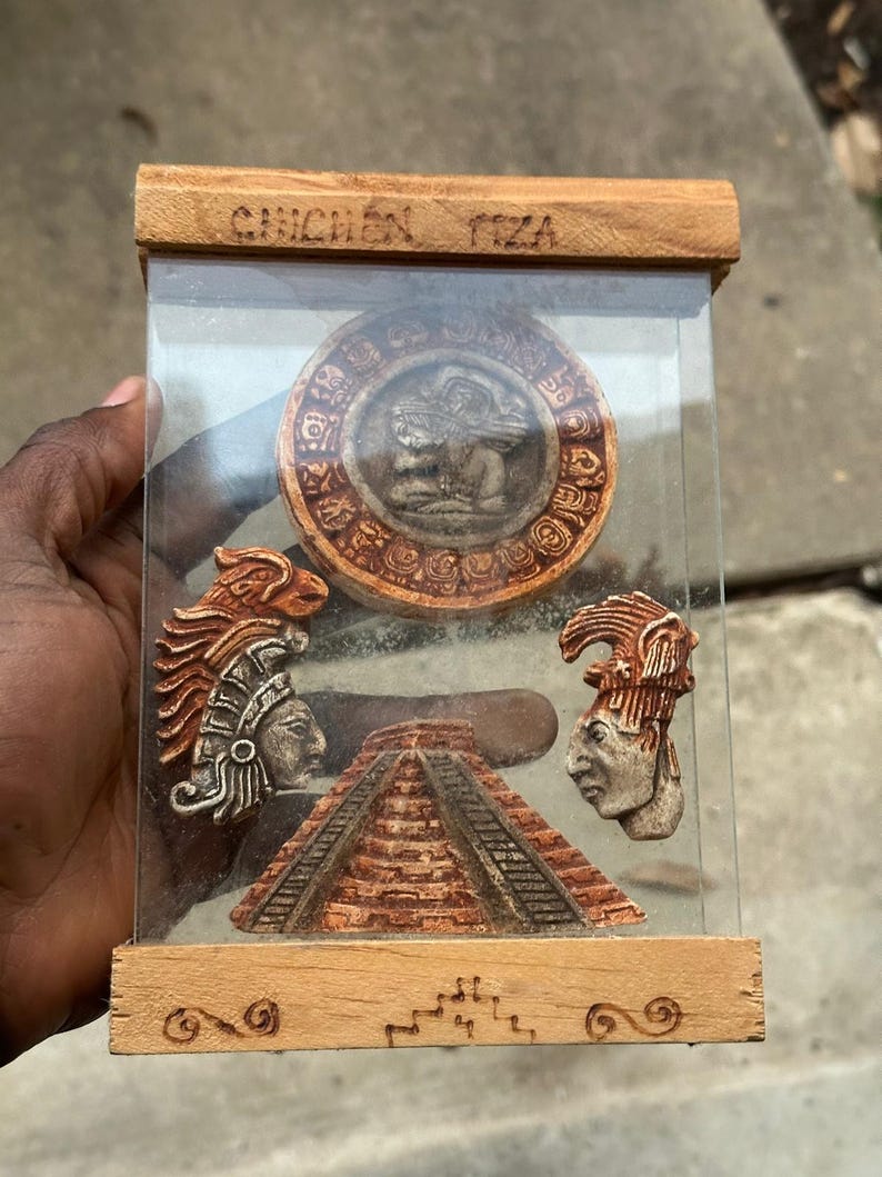 Vintage Chichen Itza Mexican Folk Art Glass Wood Shadow Box – Pyramid ...