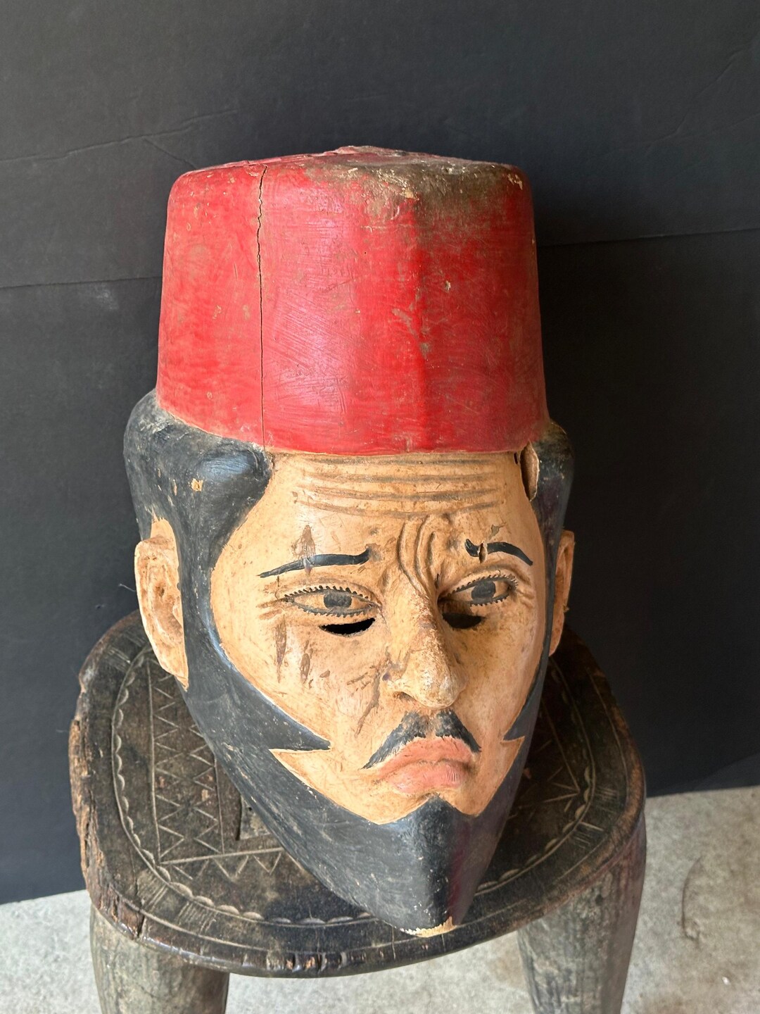 Vintage Igala Helmet Mask – Male With Red Fez Cap Nigeria 14" Colonial ...