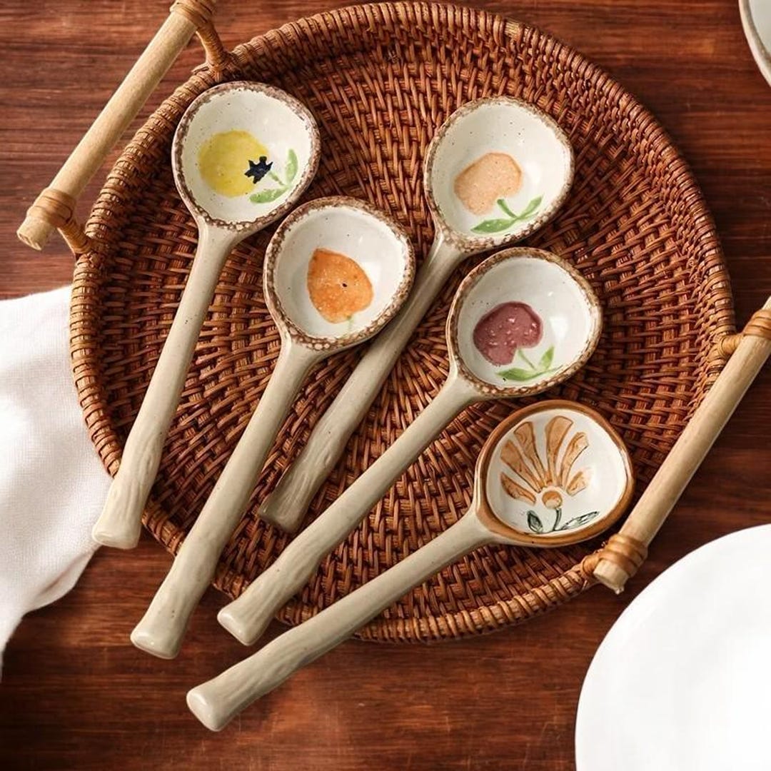 Ceramic Soup Spoon Japanese Style Handmade Stoneware Long Handle Spoons ...