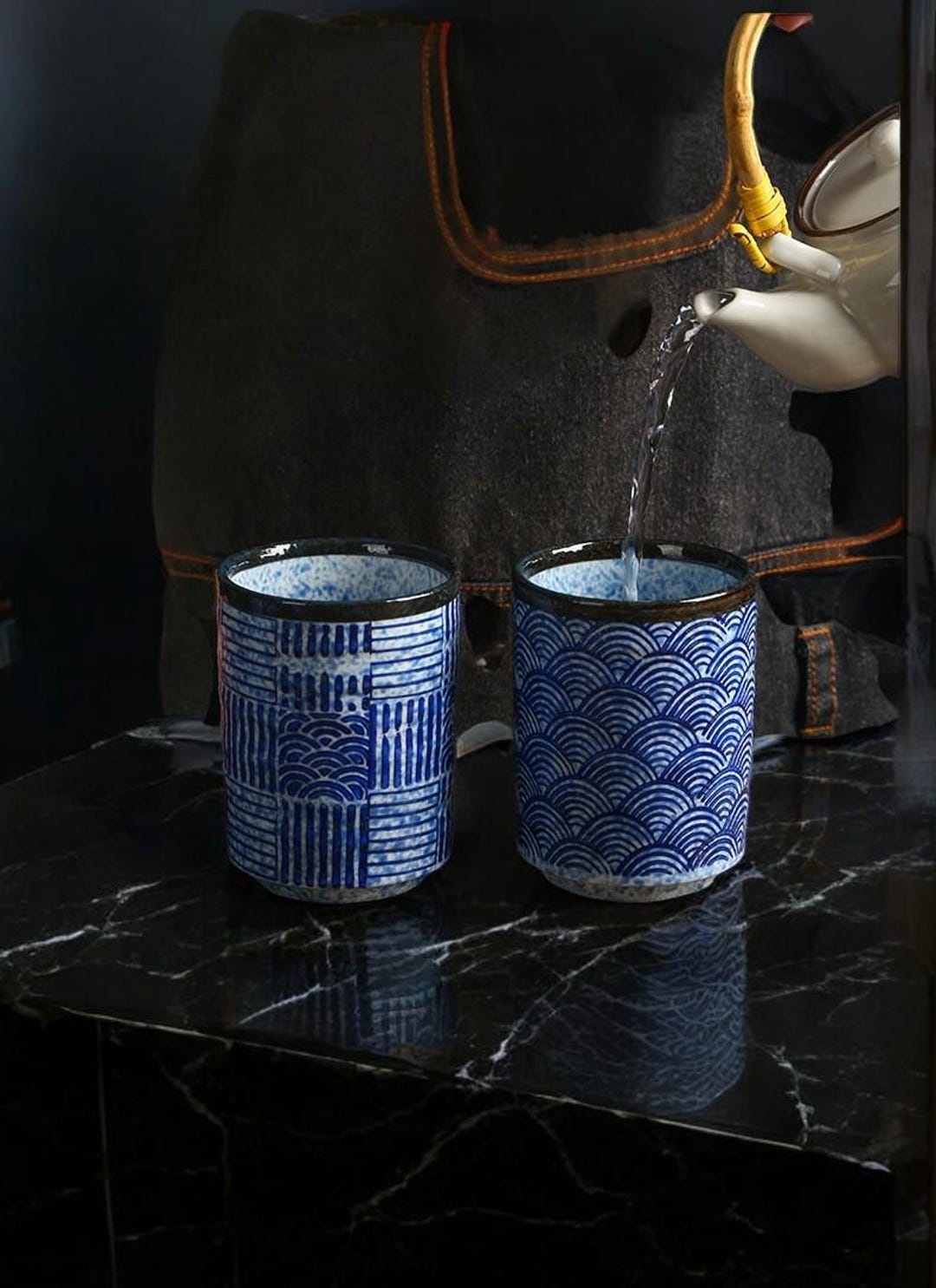 Blue & Black Japanese Style Coffee Mug No Handle Retro Tea Cup Handle ...