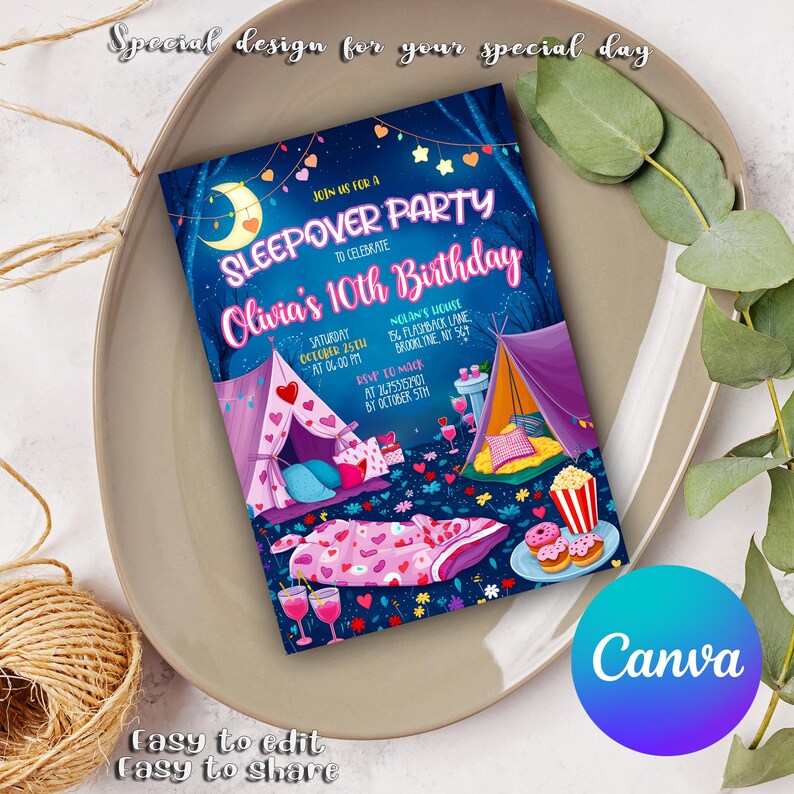 Editable Sleepover Birthday Invitation, Neon Sleepover Invite, Slumber ...