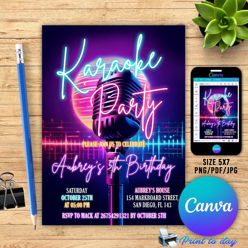 Karaoke Party Birthday Invitation, Glow Karaoke Birthday Party, Neon ...