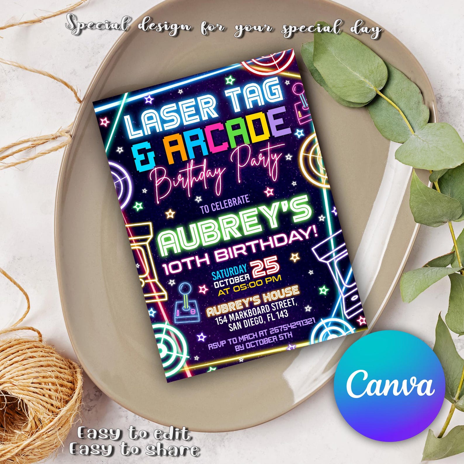 Editable Boy Arcade and Laser Tag Party Invitation Neon Birthday Party ...