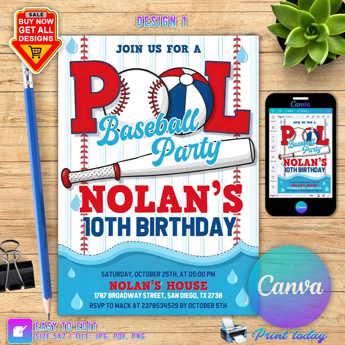 Baseball Pool Birthday Party Invitation, Baseball Pool Party, Sport ...