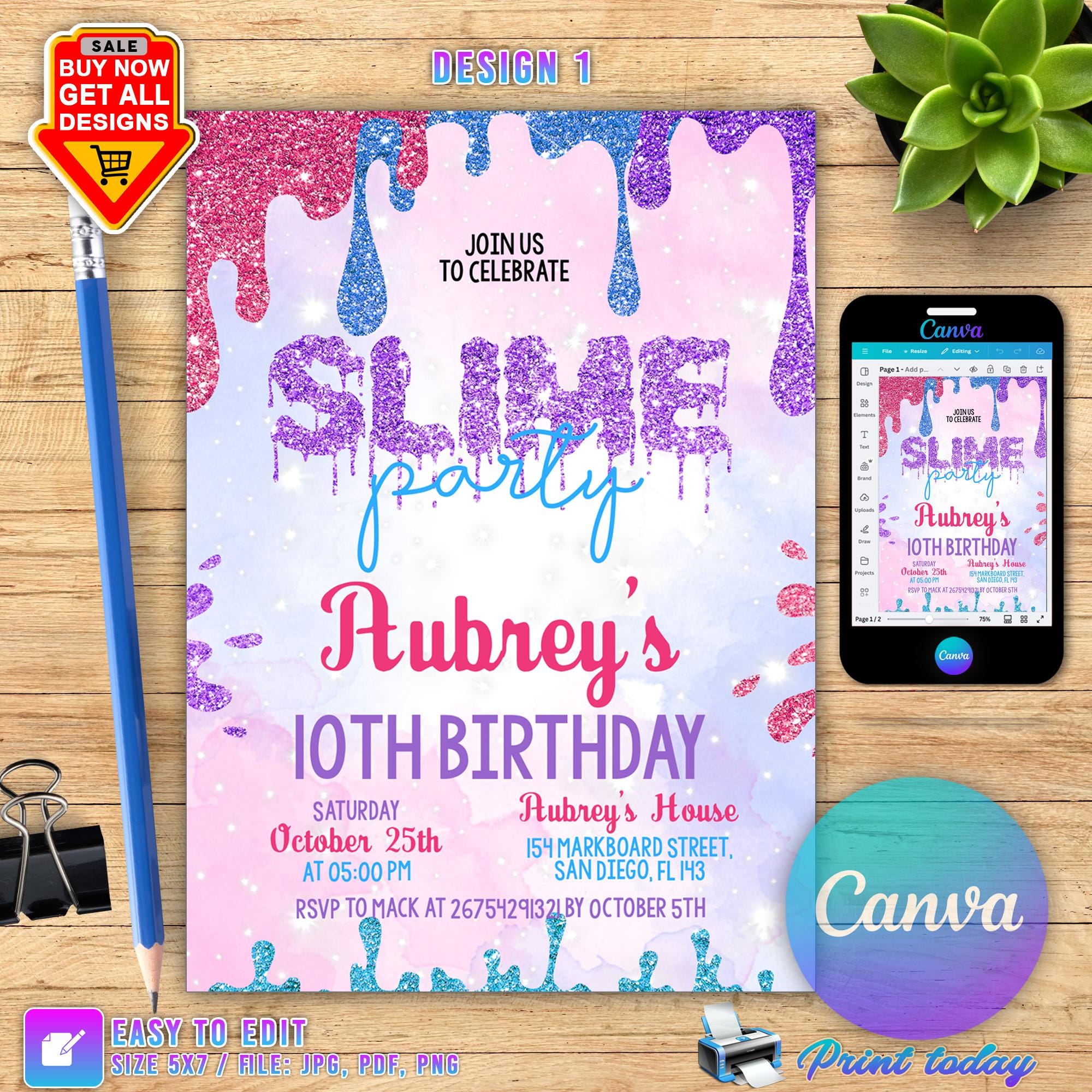 Slime Birthday Invitation, EDITABLE Neon Glow Slime Party Invite ...