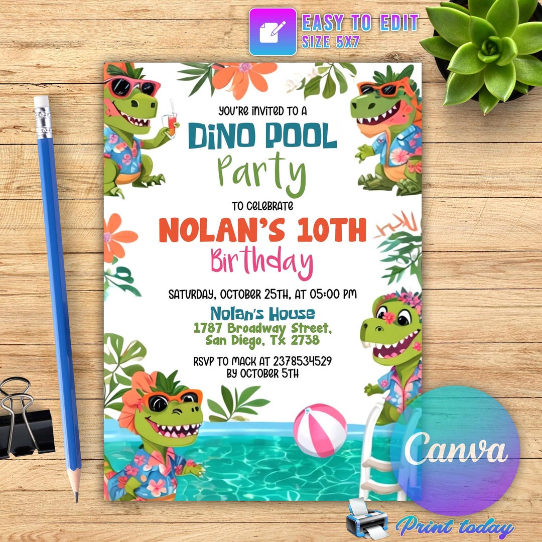 Editable Dinosaur Pool Party Invitation Dinosaur Pool Birthday Party ...