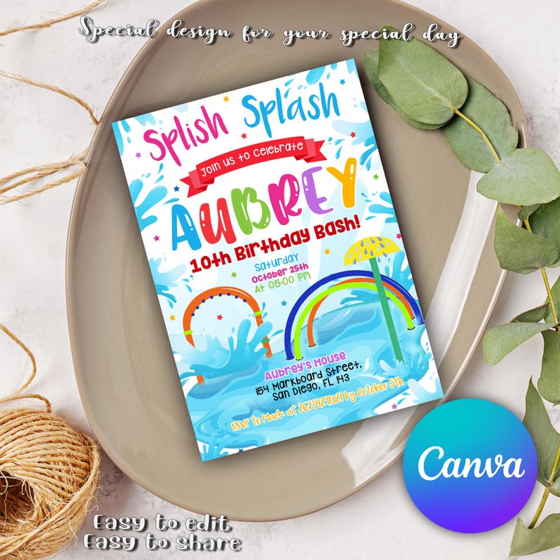 Splash Pad Party Invitation, Download Splash Party Invitation, Splish Splash Invitation, Water ...