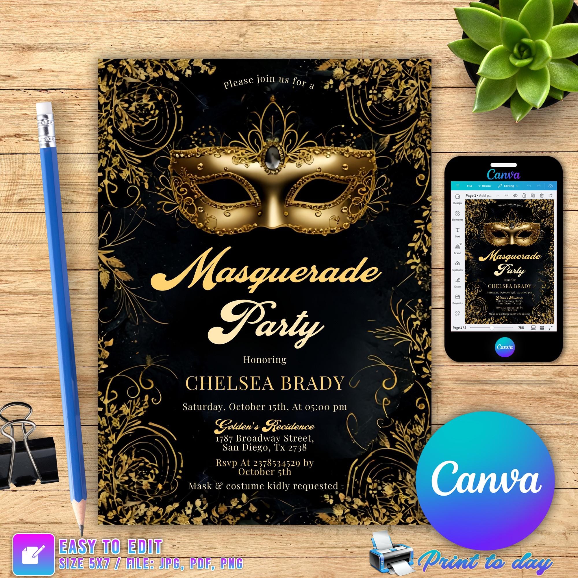 Black Gold Masquerade Invite, Masquerade Ball Invitation, Halloween ...