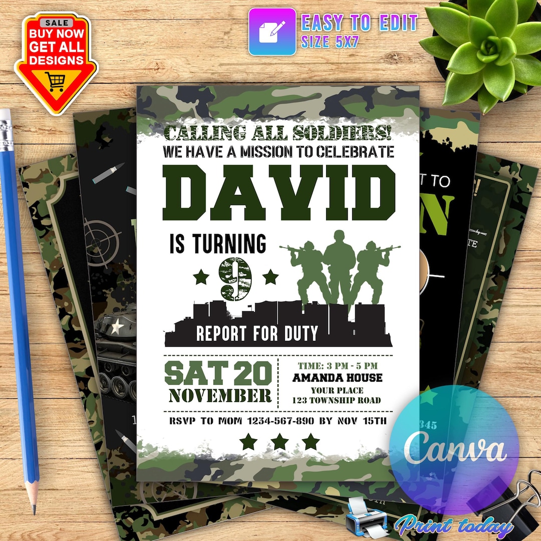 Editable Military Party Invitations, Army Birthday Invitation, Soldier ...