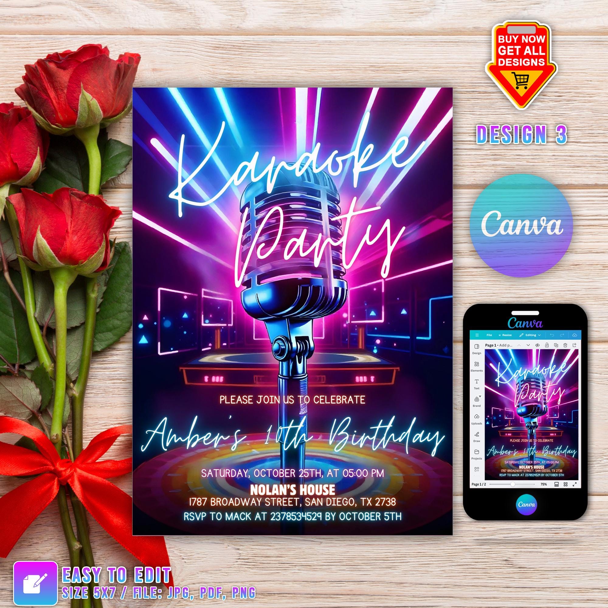 Karaoke Party Birthday Invitation, Glow Karaoke Birthday Party, Neon ...