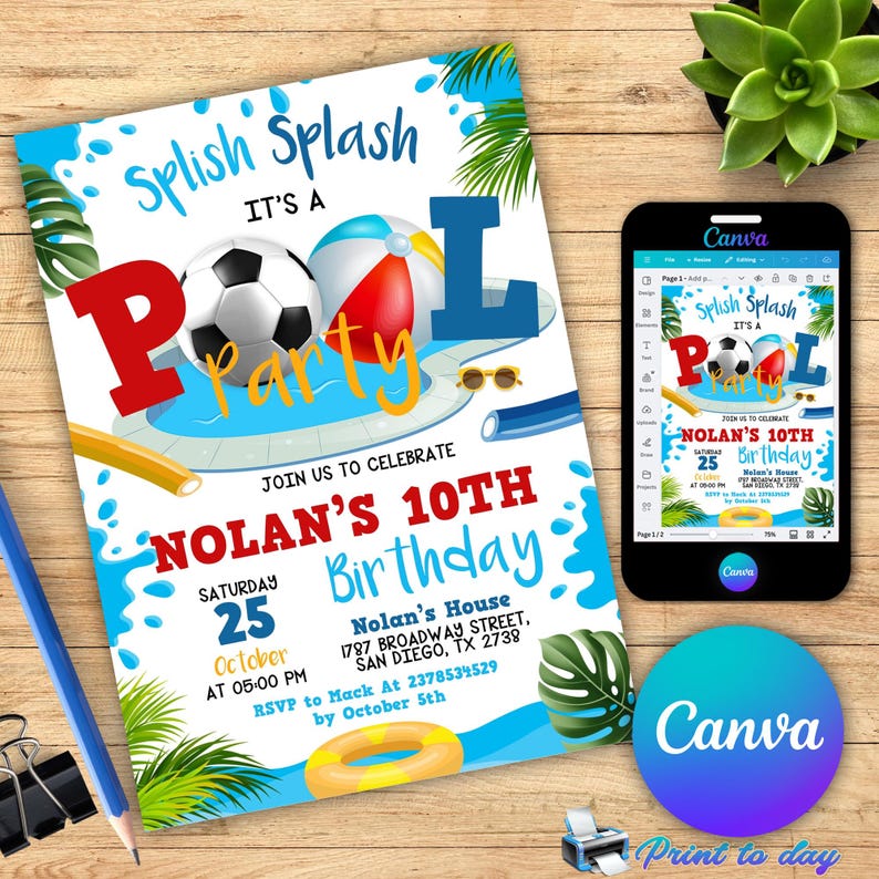 Soccer Pool Party Invitation, Boy Pool Party, Soccer and Pool Party ...