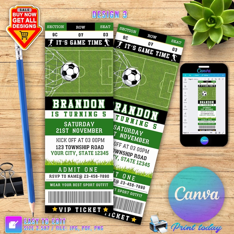 Soccer Ticket Birthday Invitation, Football Ticket Invite Template ...