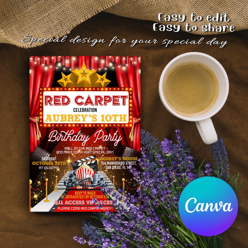 Editable Red Carpet Birthday Invitation, Red Carpet Party, Red Carpet ...