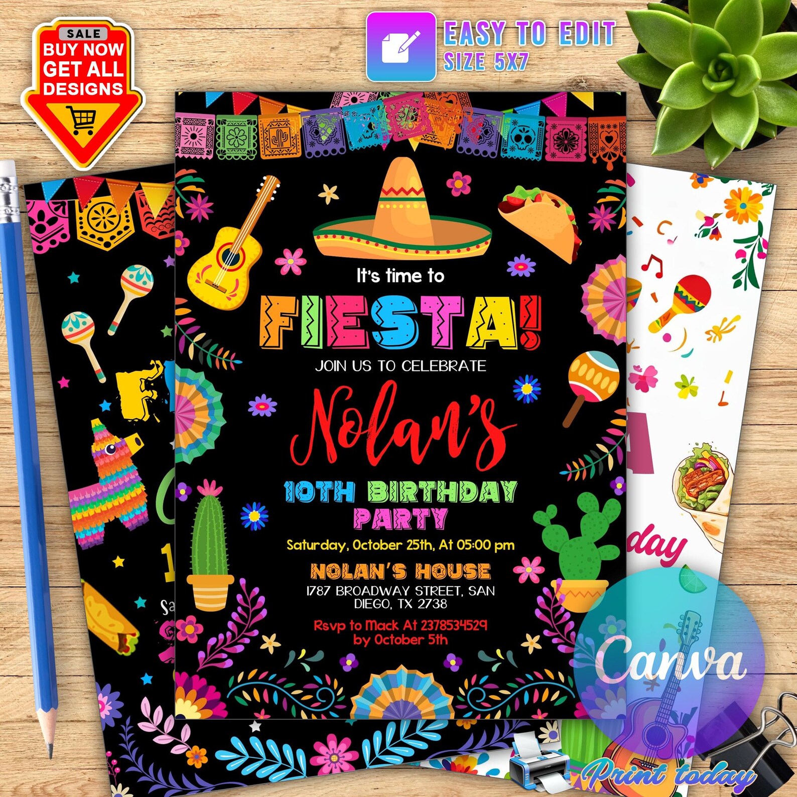 Fiesta Birthday Invitation, Mexican Theme Invitation, Fiesta Invitation ...