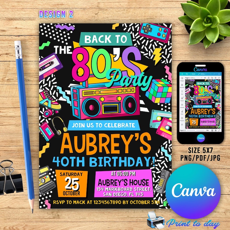 Editable 80s Birthday Party Invitation, Back to the 80s, Throwback Party, Neon Party, Glow Dance ...