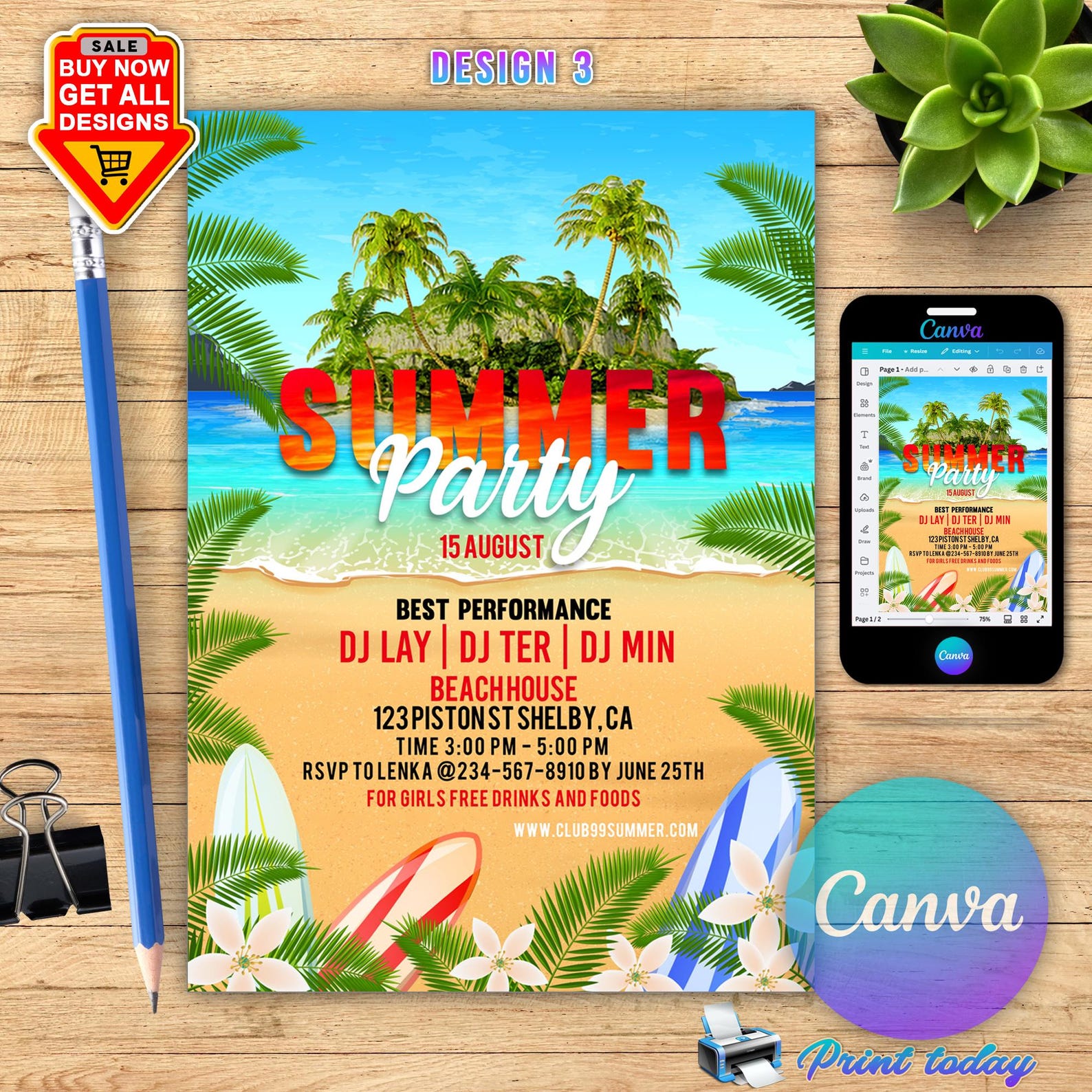 Summer Party Invitation, Summer Party Flyer, DIY Flyer Template Design ...