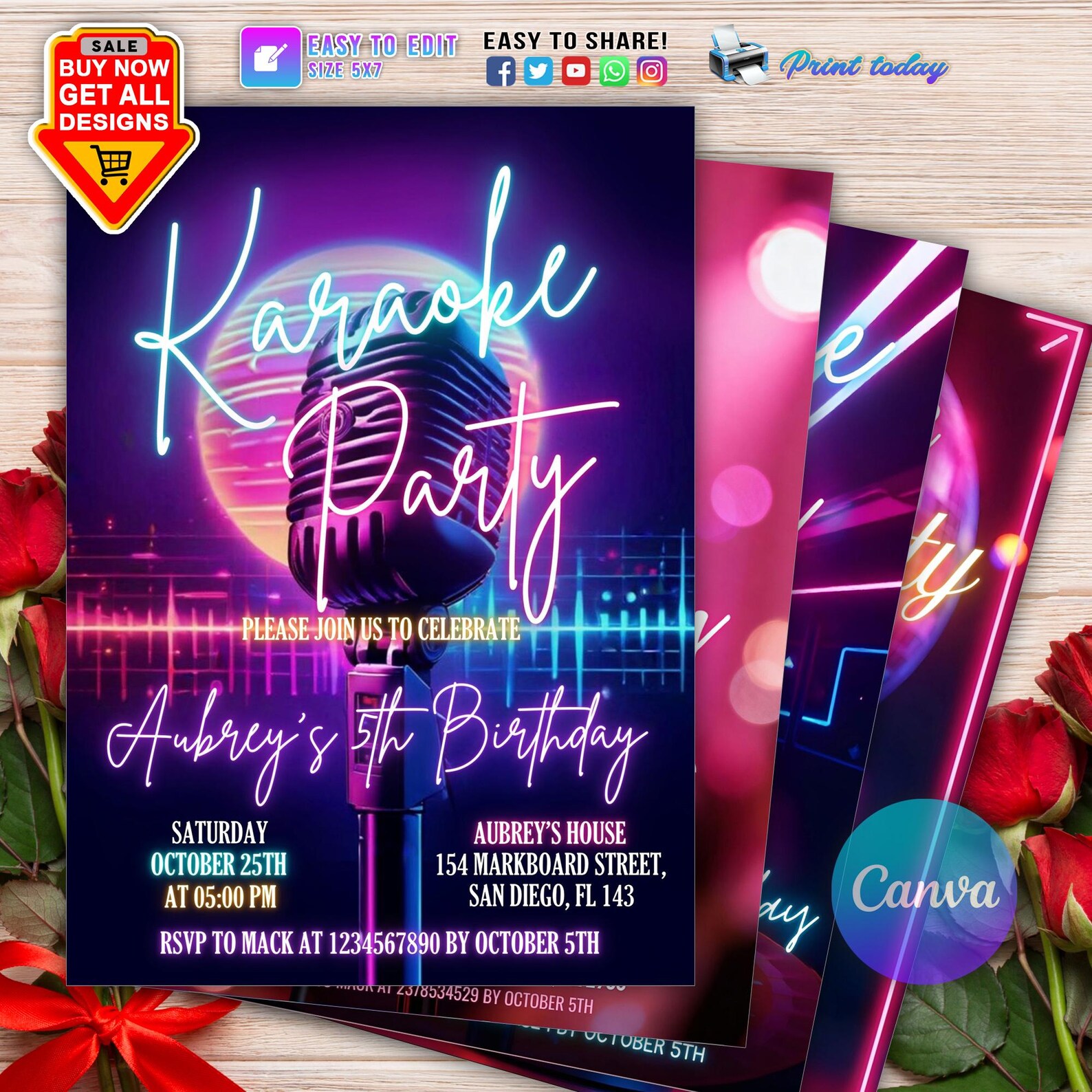 Karaoke Party Birthday Invitation, Glow Karaoke Birthday Party, Neon ...