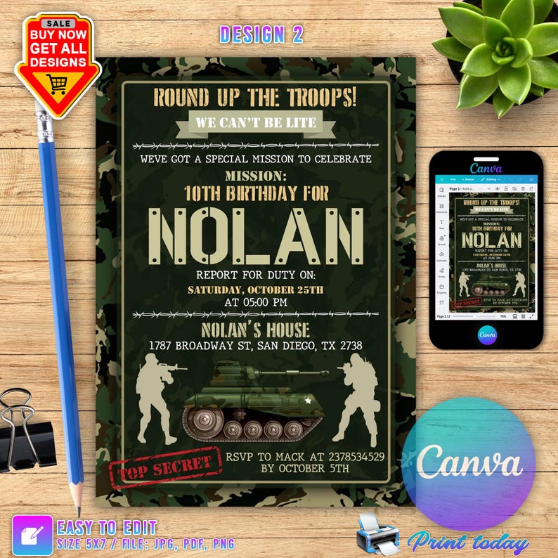 Editable Military Party Invitations, Army Birthday Invitation, Soldier ...