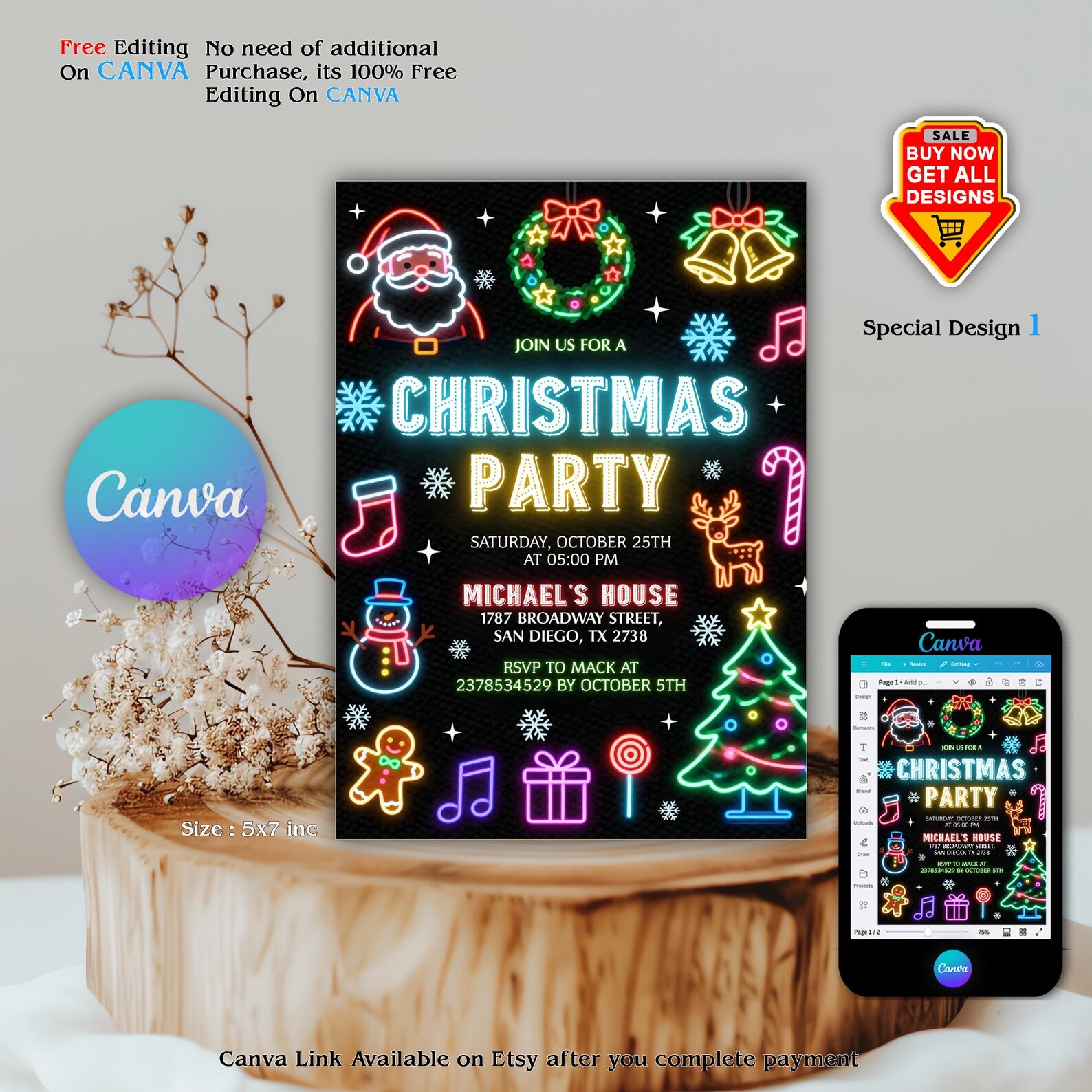 Editable Neon Christmas Party Invitation, Xmas Office Party, DIGITAL ...