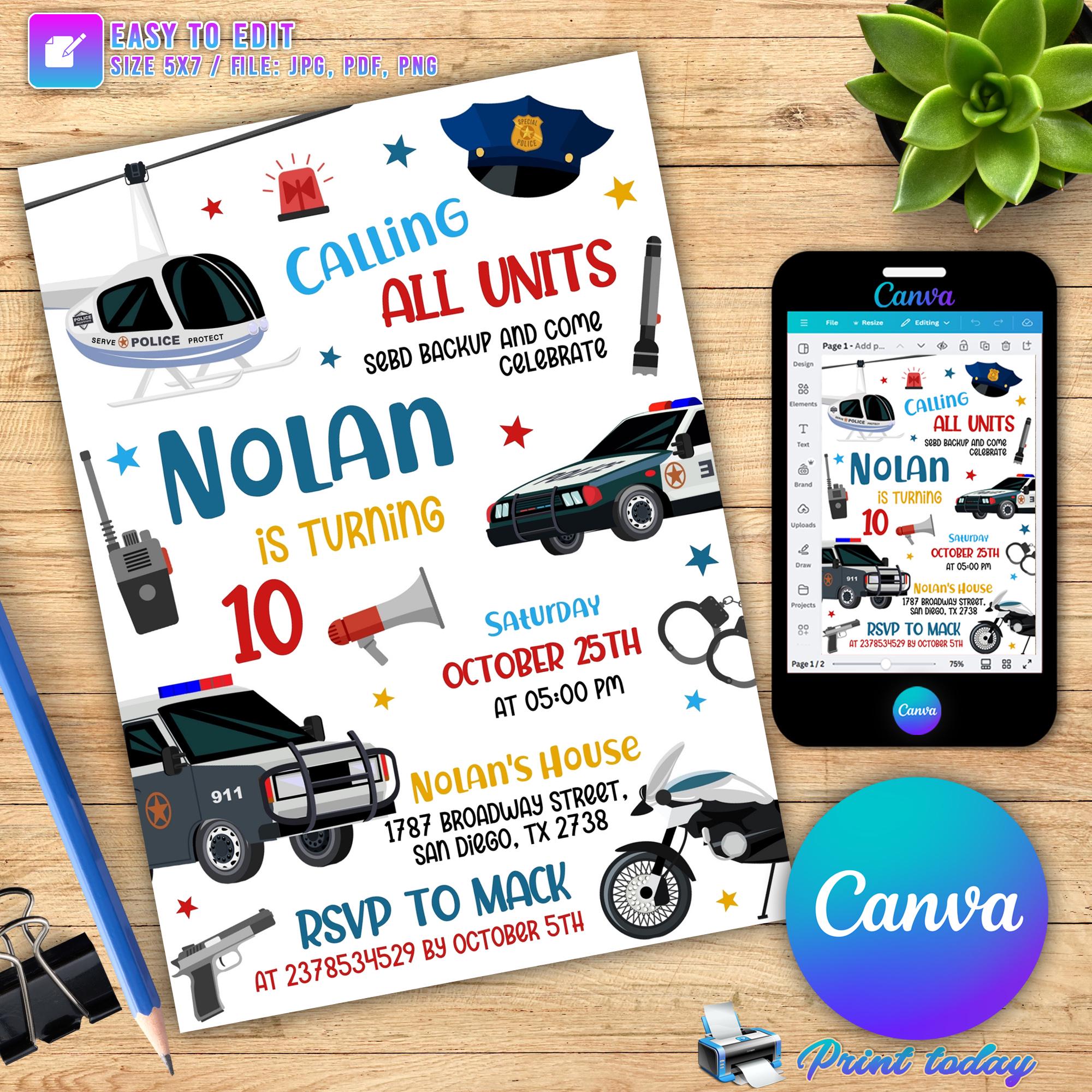 Editable Police Birthday Invitation Template, Police Officer Invitation ...