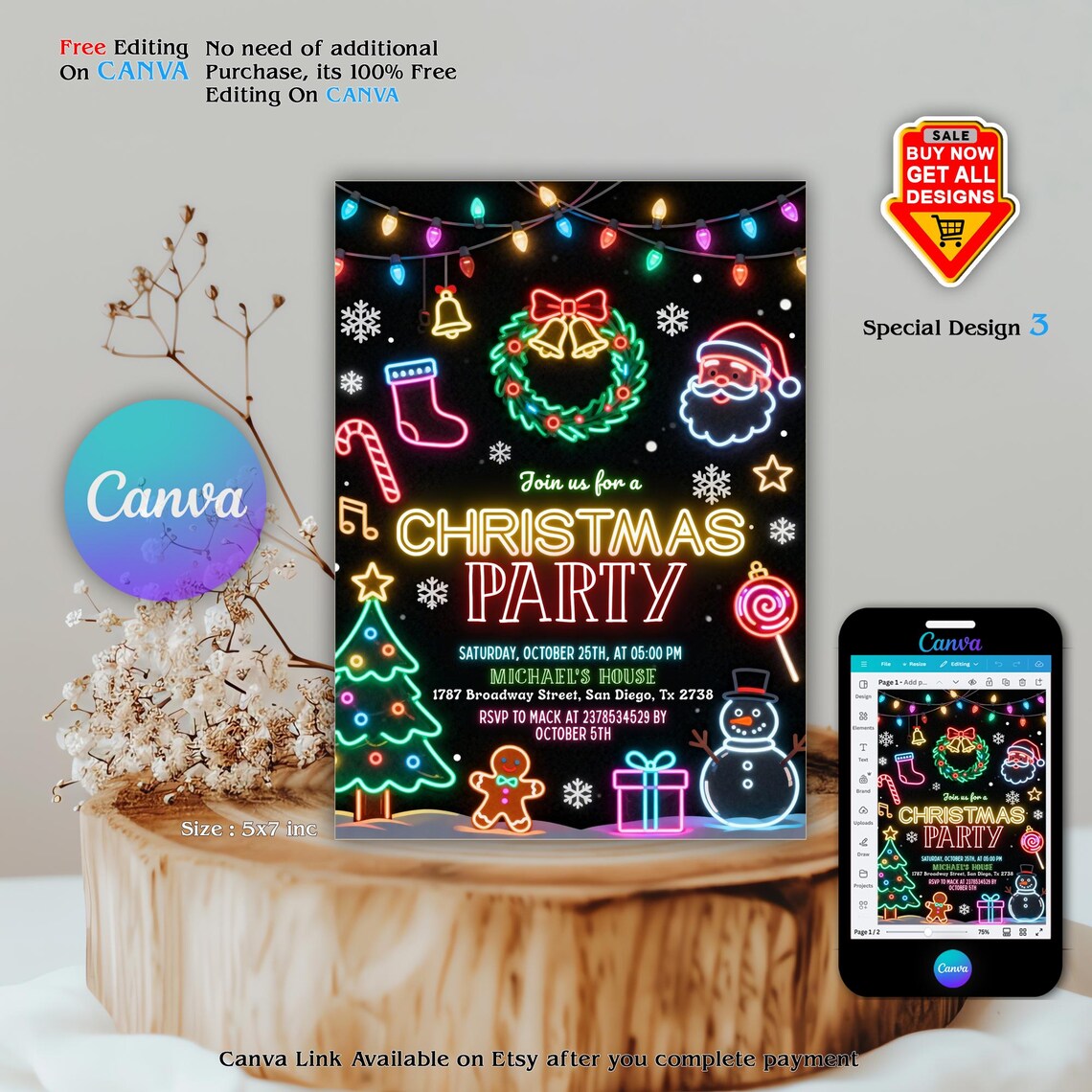 Editable Neon Christmas Party Invitation, Xmas Office Party, DIGITAL ...