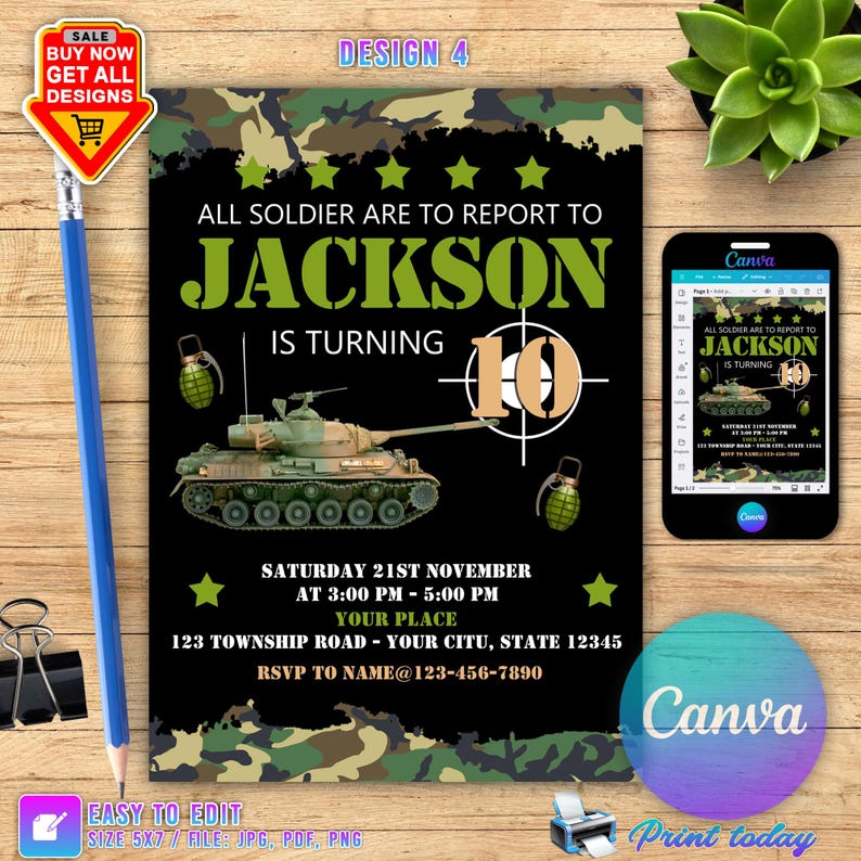 Editable Military Party Invitations, Army Birthday Invitation, Soldier ...