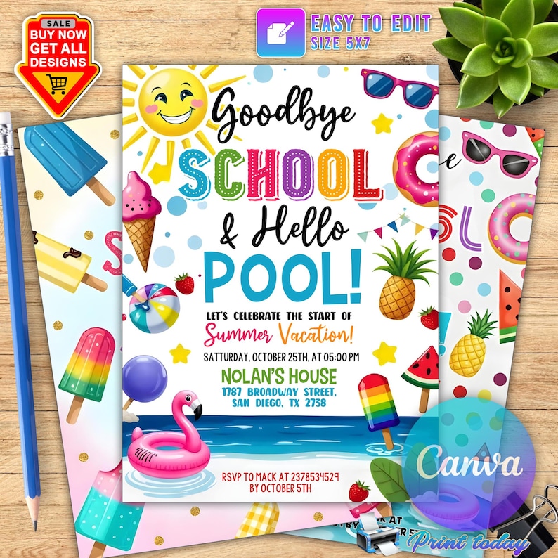 Goodbye School Hello Pool Invitation Template, Printable End of School ...