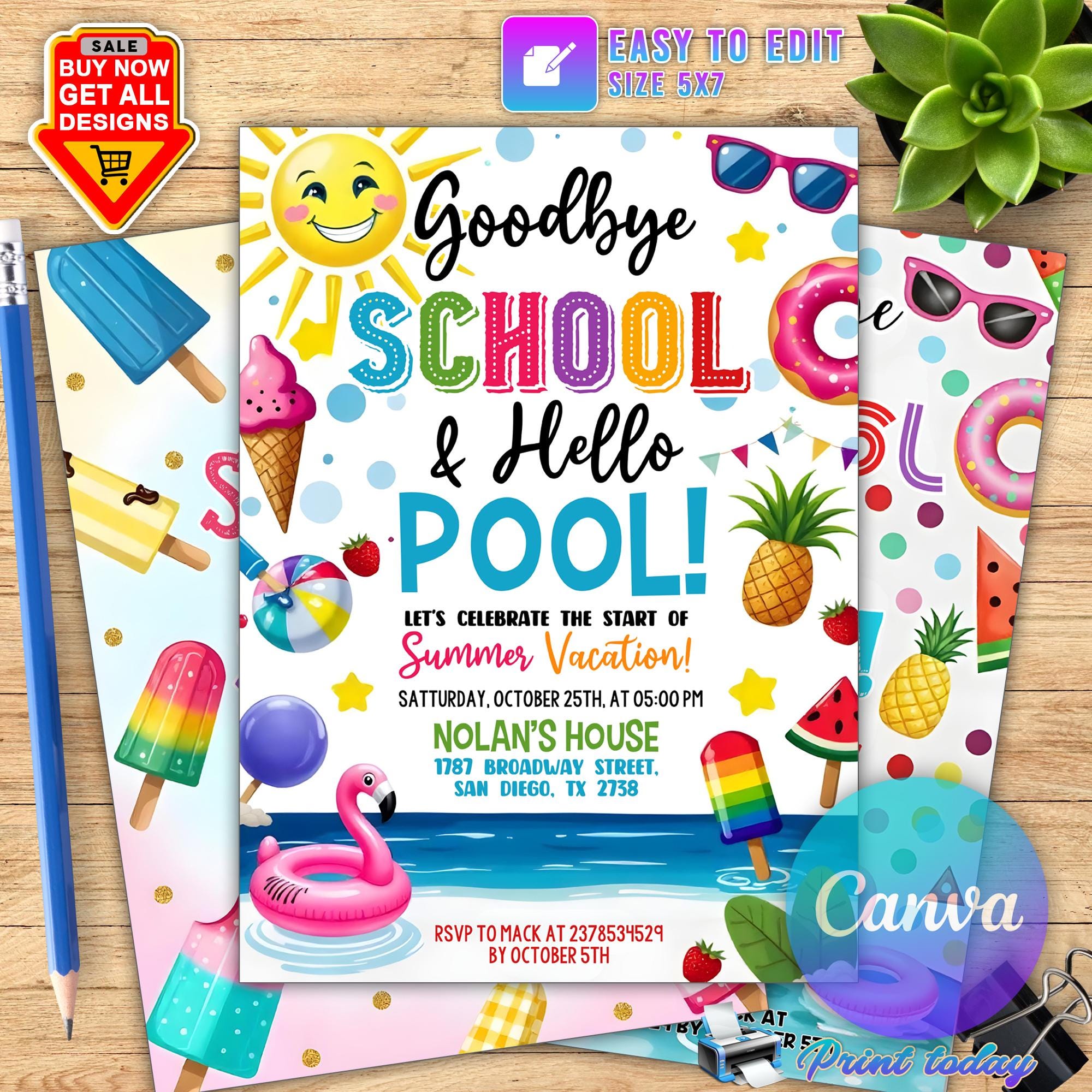 Goodbye School Hello Pool Invitation Template, Printable End of School ...