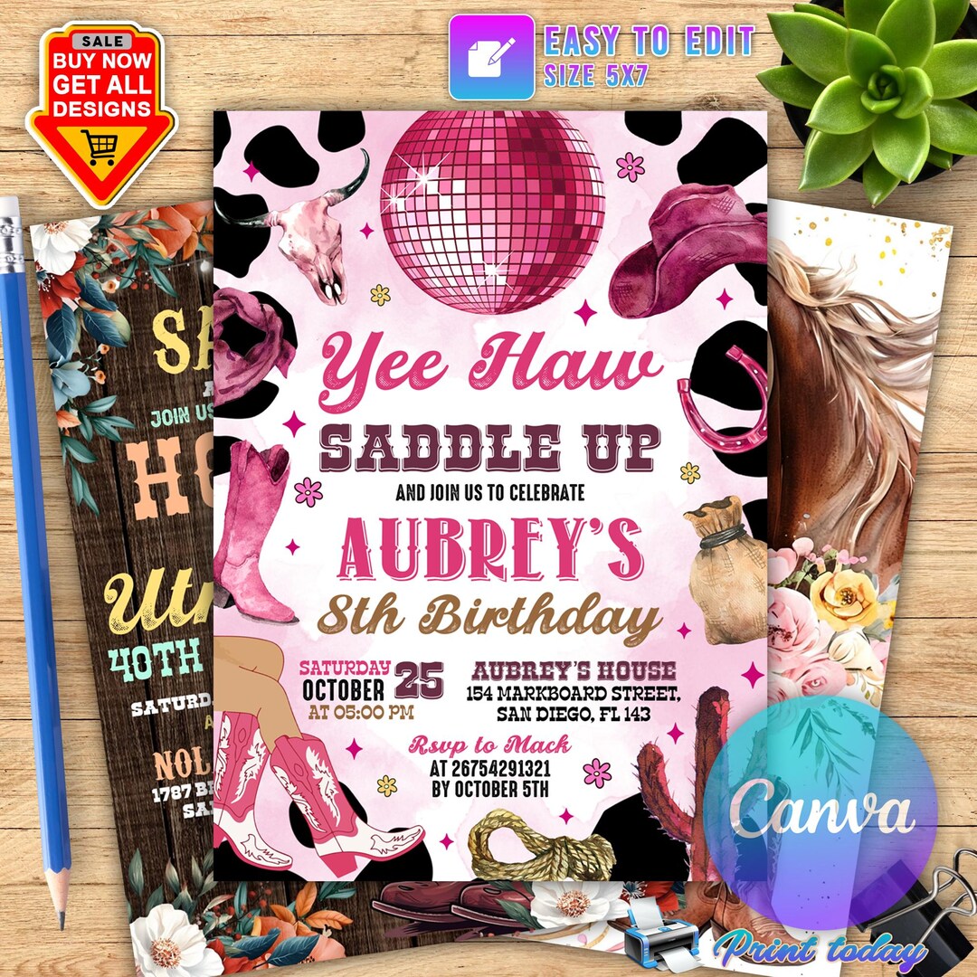 Editable Pink Cowgirl Birthday Party Invitation, Yee Haw Cowgirl Party ...