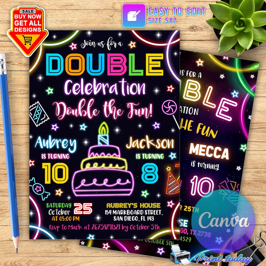 Double Birthday Invitation for Boys, Neon Joint Birthday Invitation ...