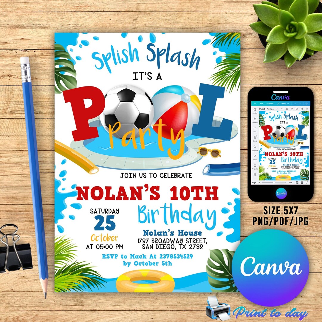 Soccer Pool Party Invitation, Boy Pool Party, Soccer and Pool Party ...