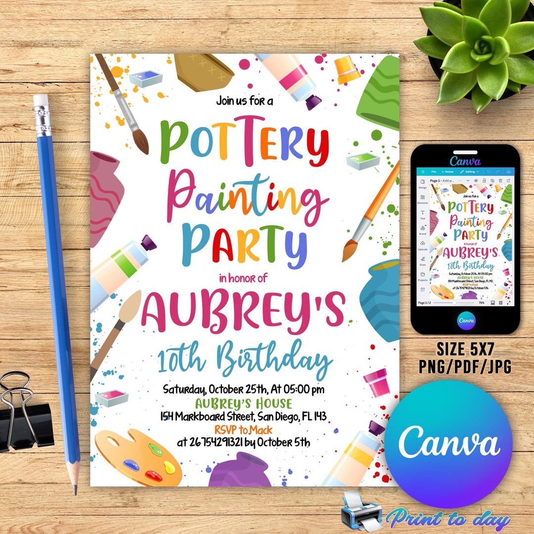 Editable Pottery Painting Party Invitation, Painting Party Birthday ...