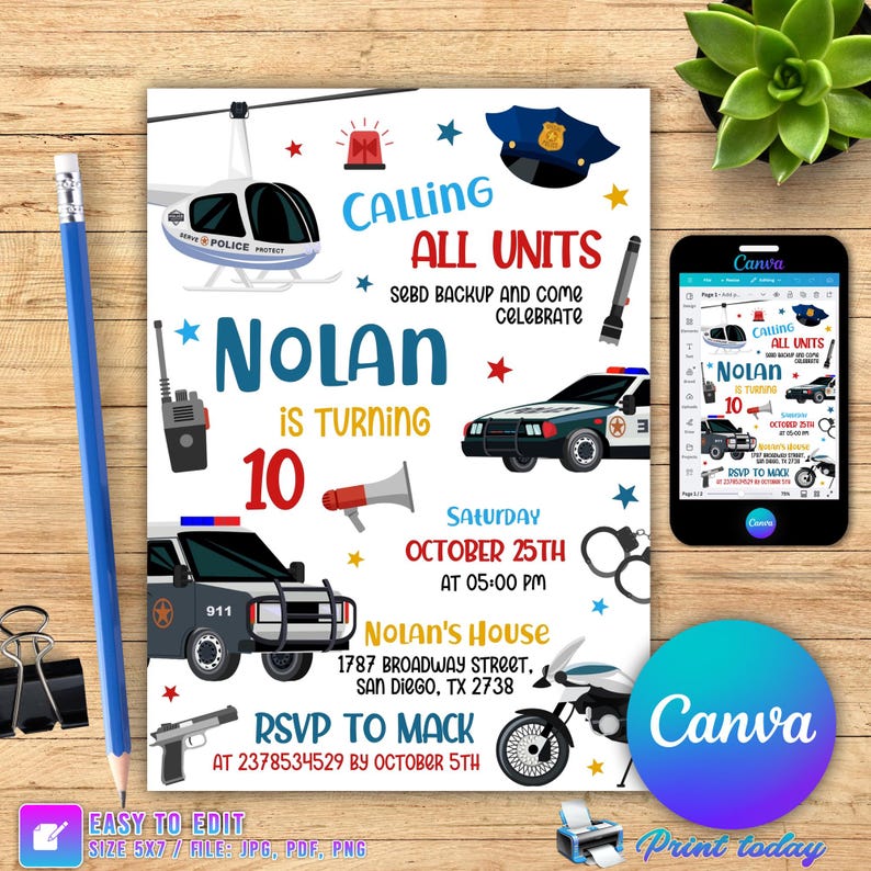 Editable Police Birthday Invitation Template, Police Officer Invitation ...