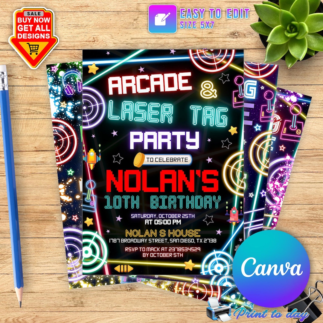 Editable Boy Arcade and Laser Tag Party Invitation Neon Birthday Party ...