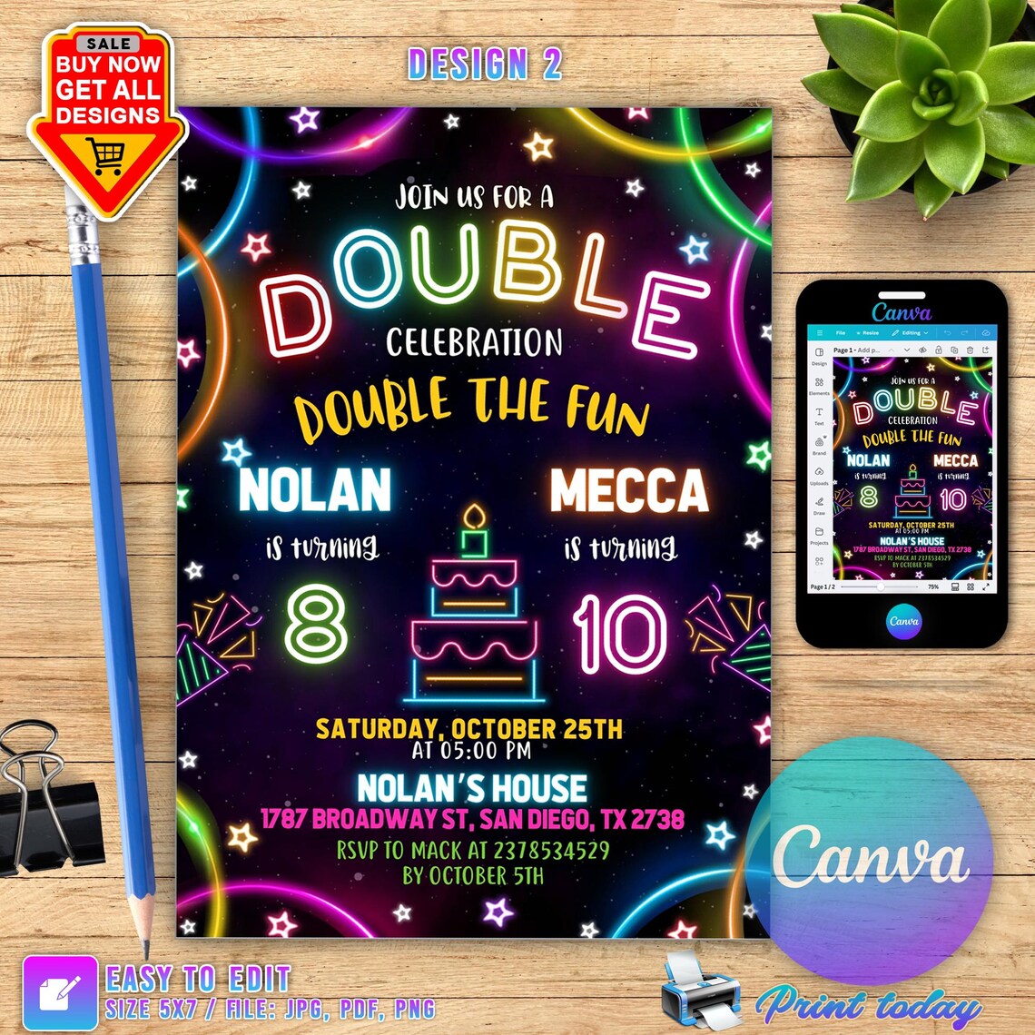 Double Birthday Invitation for Boys, Neon Joint Birthday Invitation ...