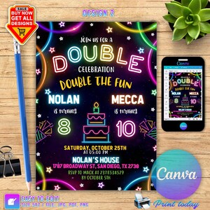 Double Birthday Invitation for Boys, Neon Joint Birthday Invitation ...