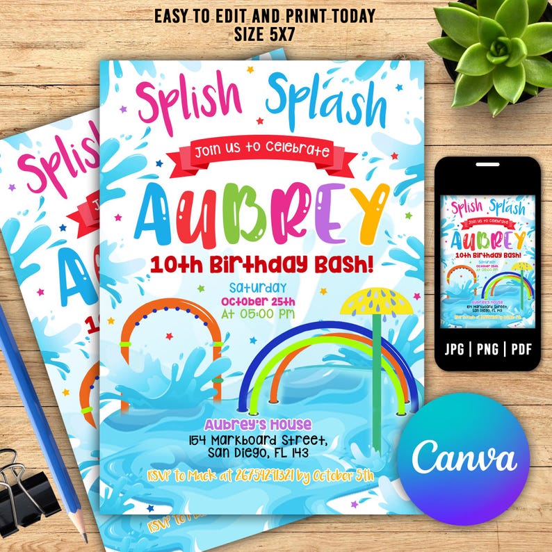 Splash Pad Party Invitation, Download Splash Party Invitation, Splish Splash Invitation, Water ...